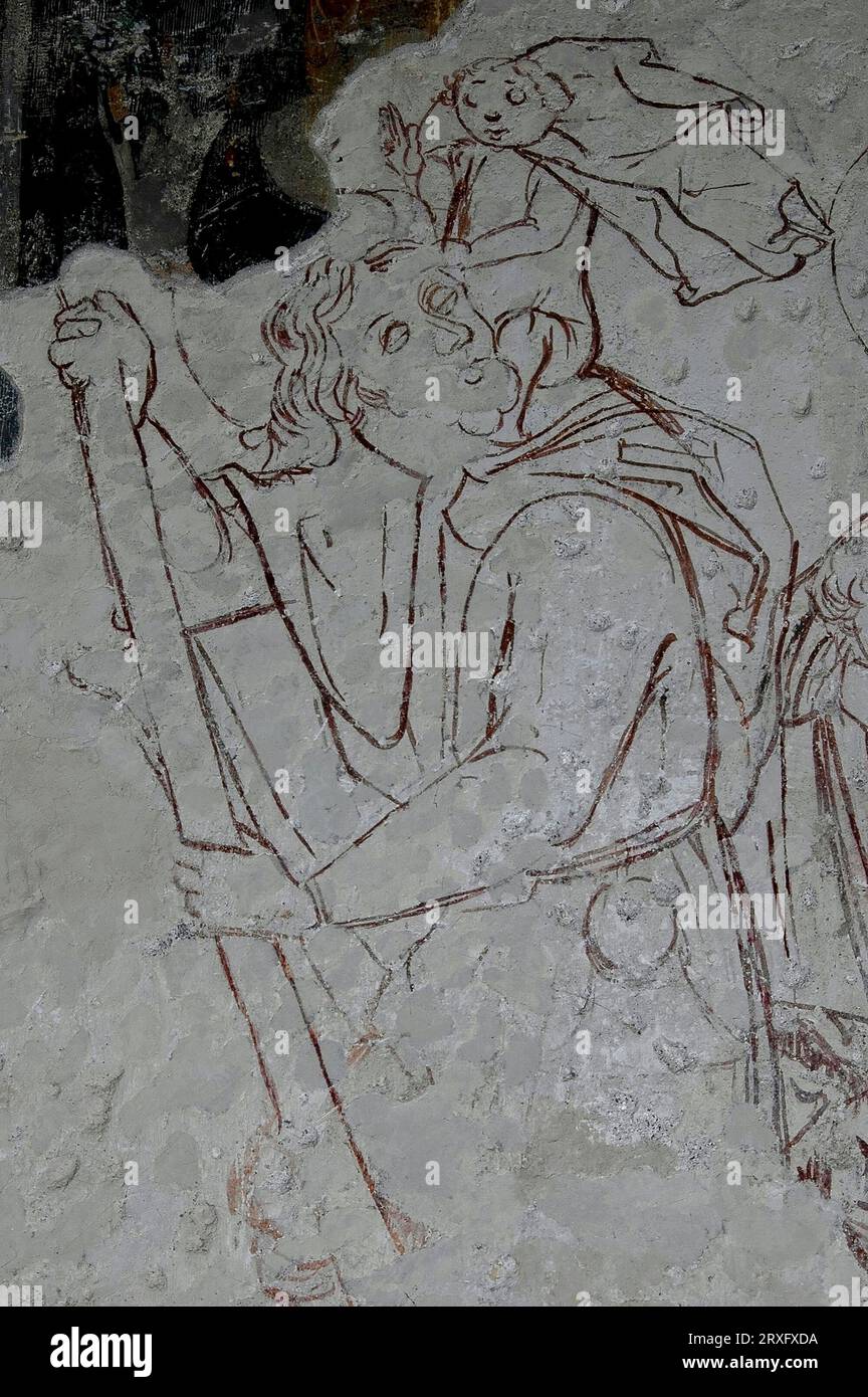 Saint Christopher carries the Christ Child on his shoulders. Detail of ...