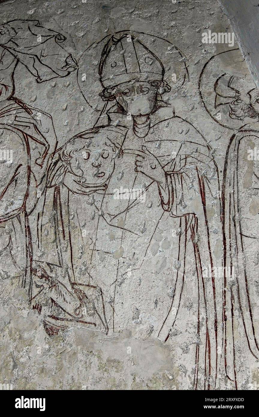 Bishop, possibly Saint Denis, cradles a human head. Early sketch ...