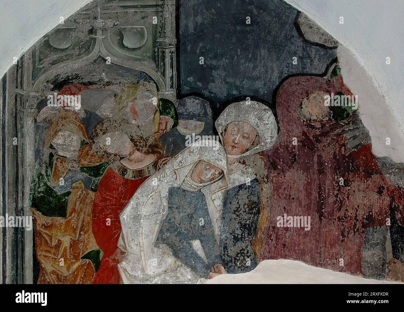 Grieving woman is comforted. Detail of Late Gothic fresco, painted in ...