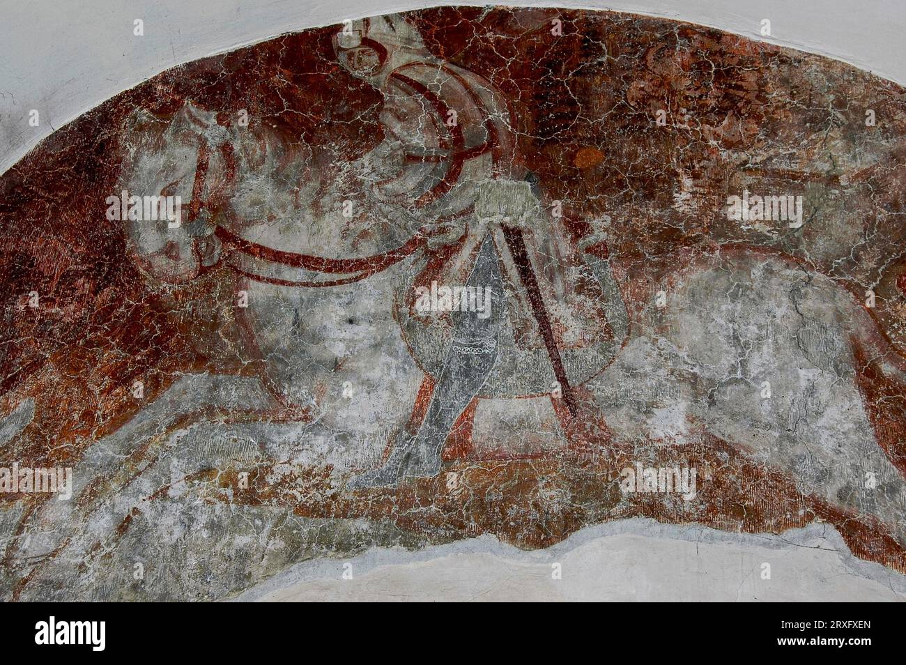 Knight in armour rides a white horse. Detail of Late Gothic fresco ...