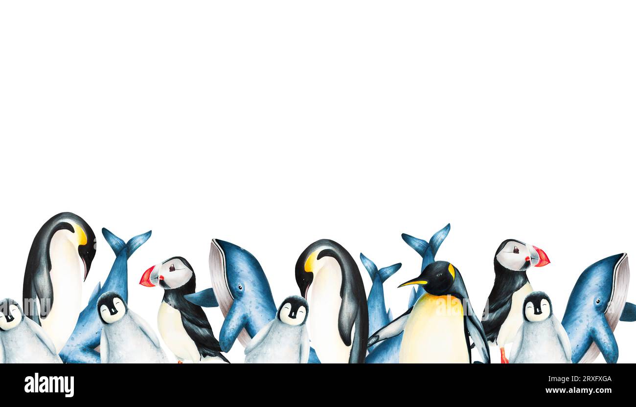 Watercolor border with king penguin family, blue whales isolated on ...