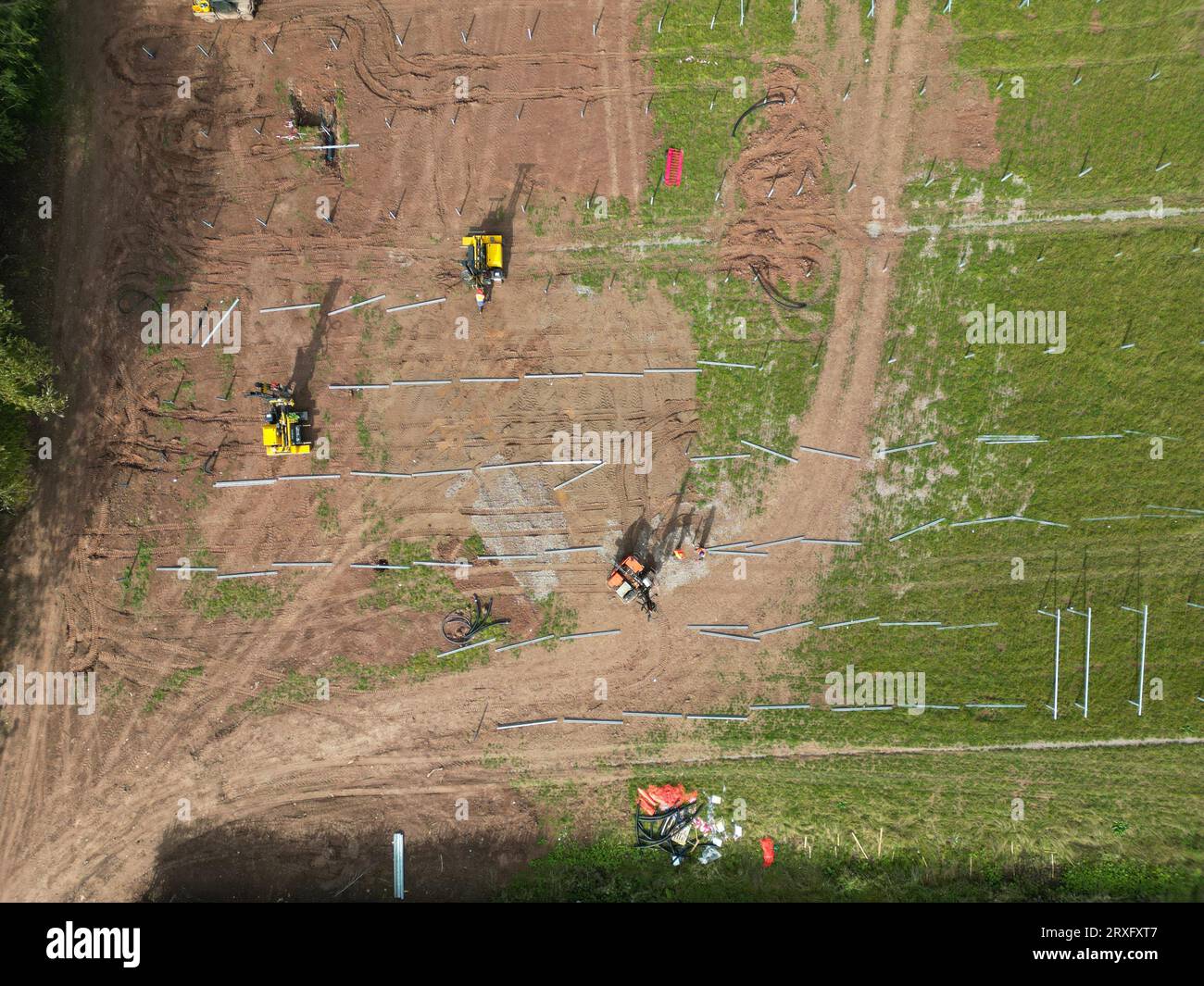 Aerial view of solar energy farm under construction at Dormington ...