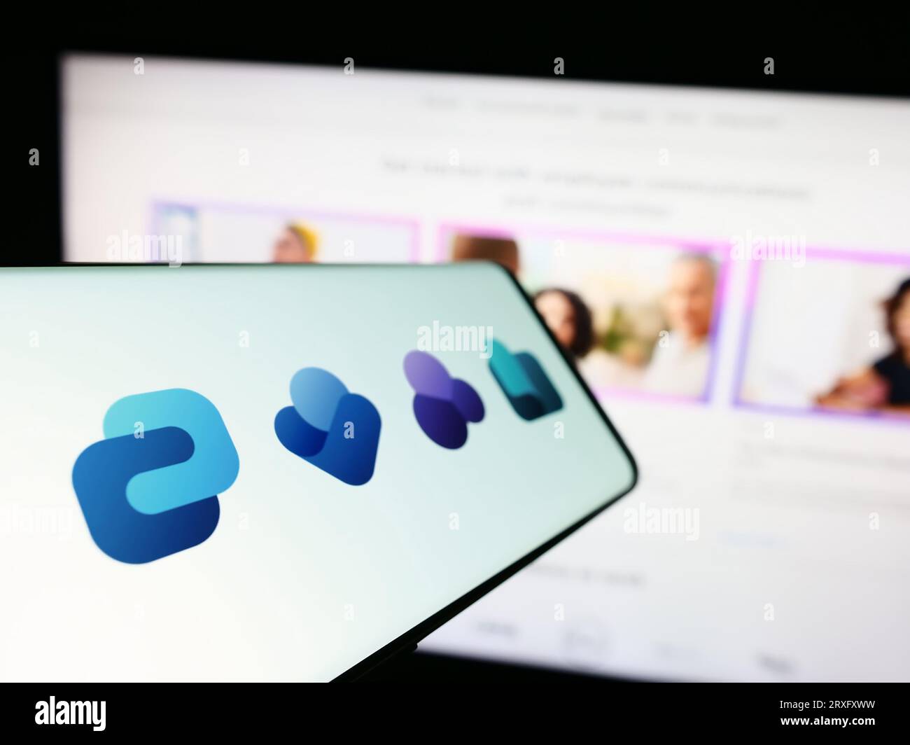 Cellphone with logo of employee experience platform Microsoft Viva on ...
