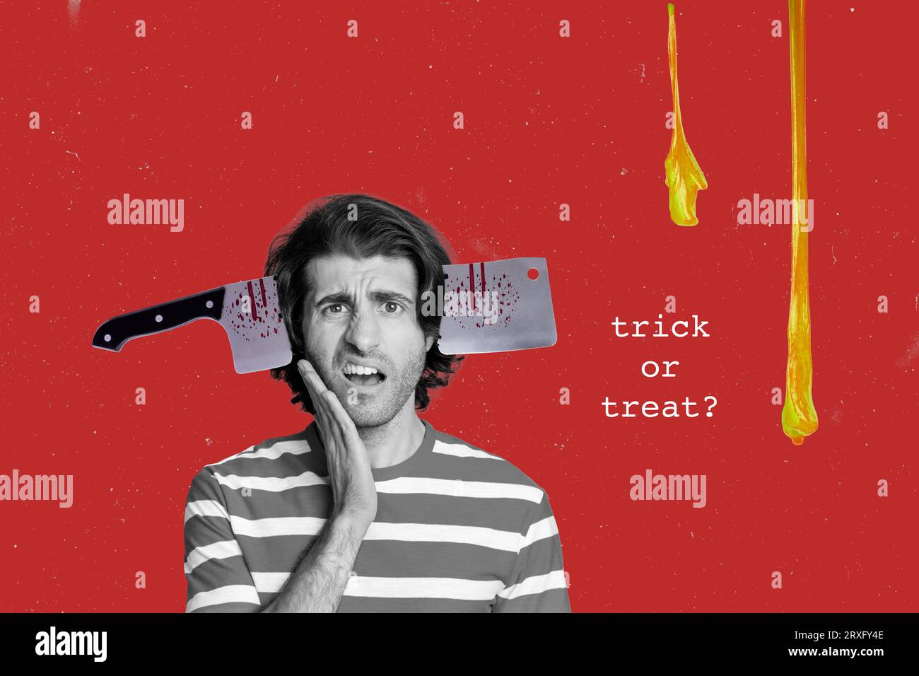 Collage 3d image of pinup pop retro sketch of terrified man knife cut ...