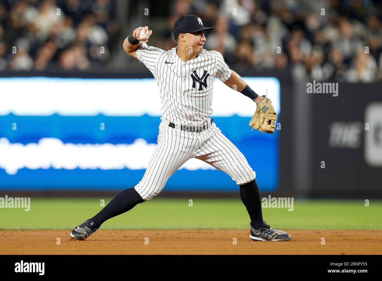 BRONX, NY - SEPTEMBER 22: New York Yankees shortstop Anthony Volpe (11) fields a ground out in ...