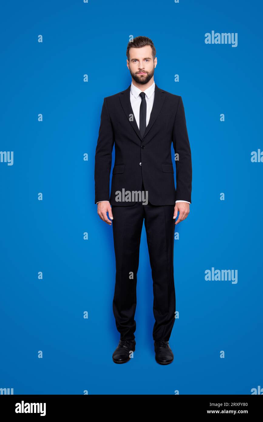 Full size fullbody portrait of concentrated strict business person with ...