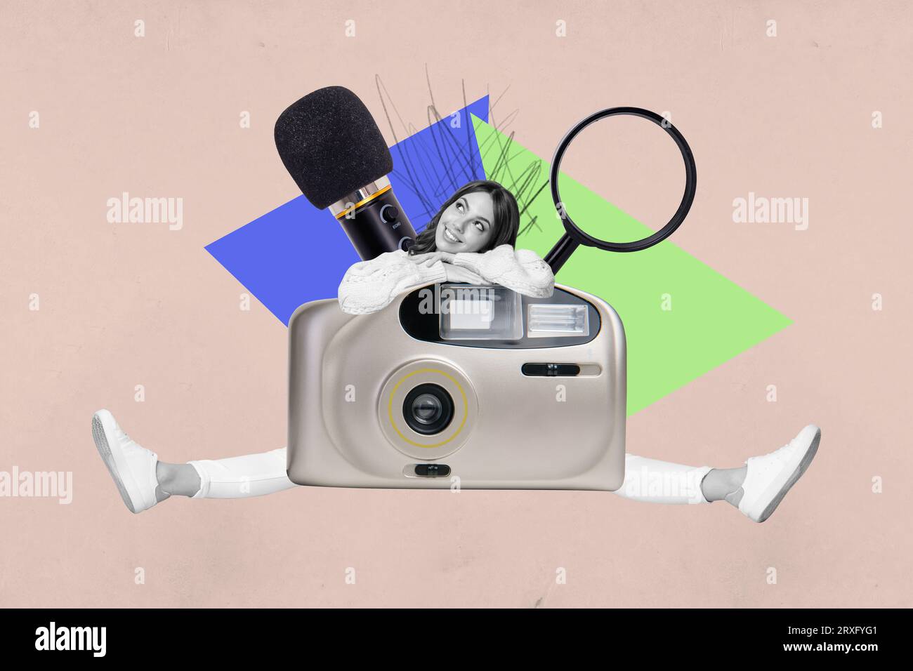 Artwork collage image of mini minded black white effect girl ...