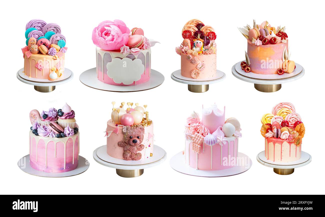 Various pink cakes isolated on white background. Cakes with teddy bear ...