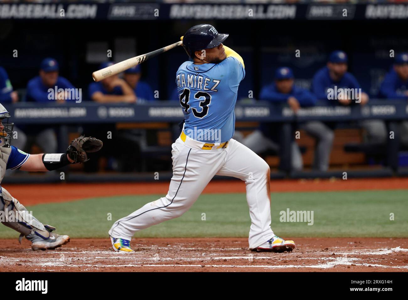 Tampa Bay Rays' Harold Ramirez (43) bats during a baseball game Sunday ...