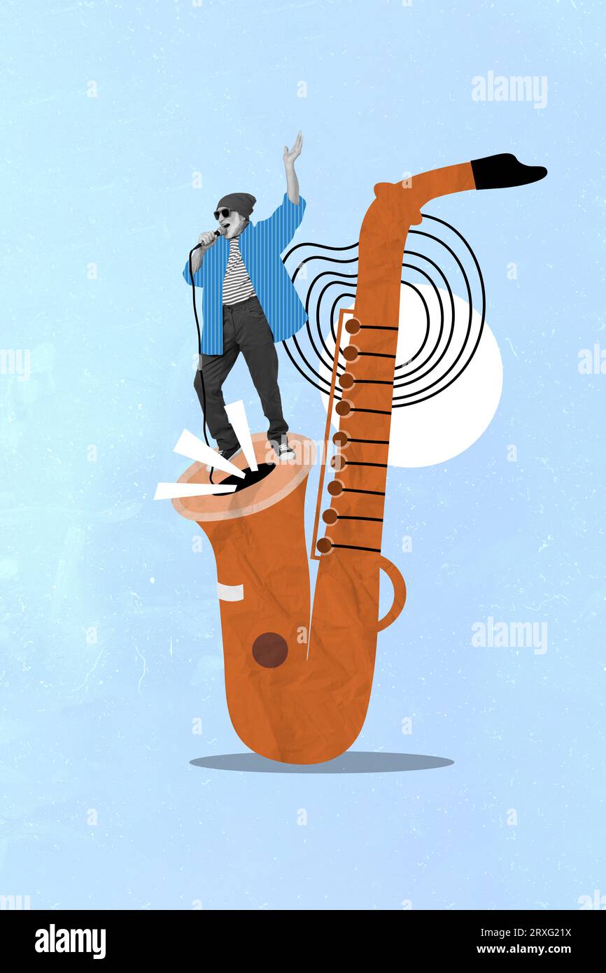 Sketch template collage of happy cheerful miniature guy singing sing ...