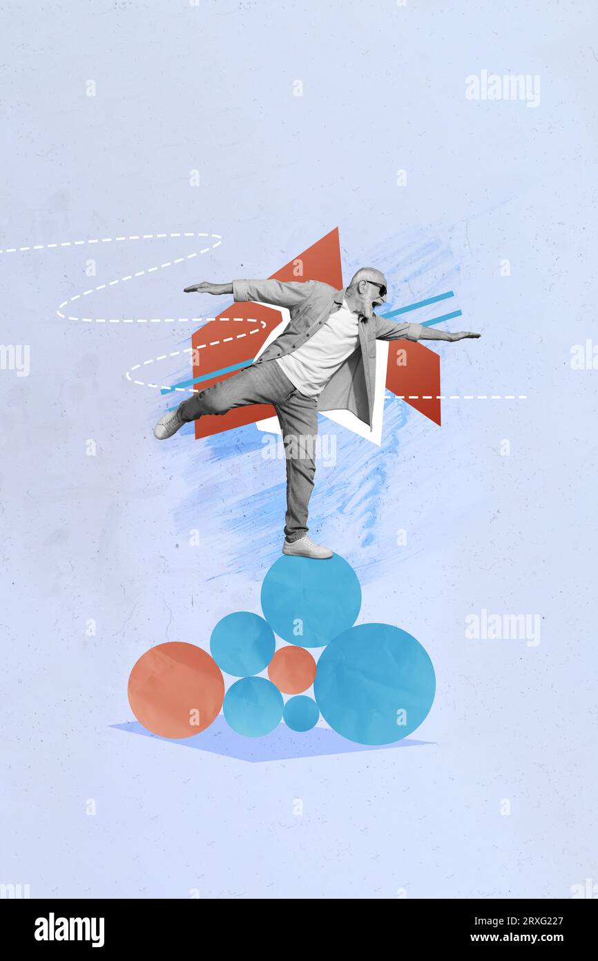 Collage picture of cheerful happy purposeful guy balancing on geometric ...
