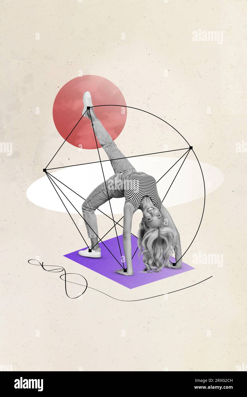 Creative vertical collage of smiling sporty girl hands legs make bridge ...