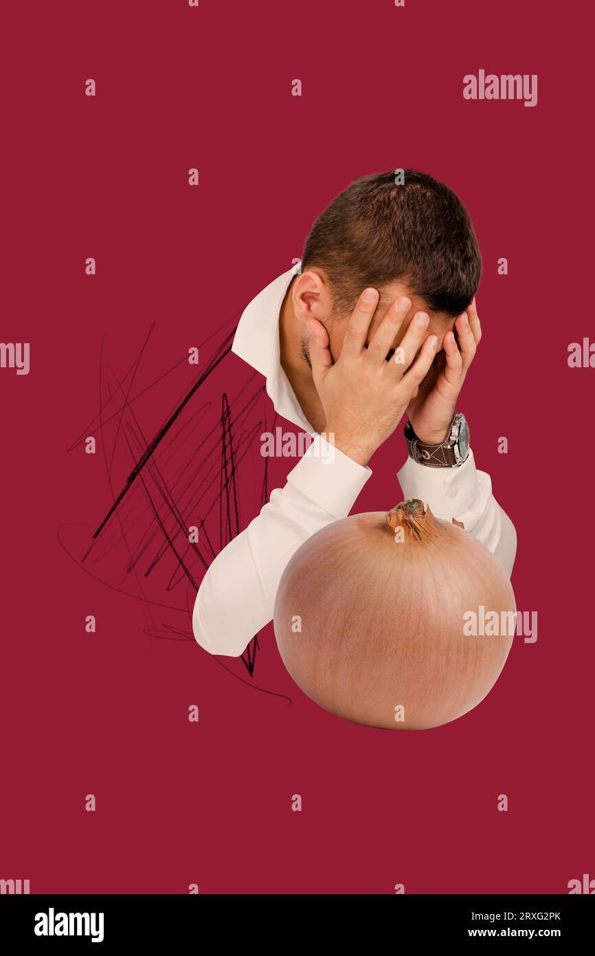 Picture collage sketch of stressed depressed man cover face hiding ...