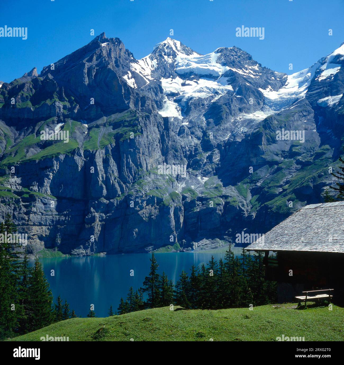 Lake Oeschinen above Kandersteg, above the Rothorn and Bluemlisalp ...