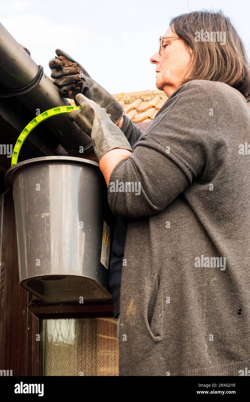 Woman clearing moss out of gutter Stock Photo - Alamy