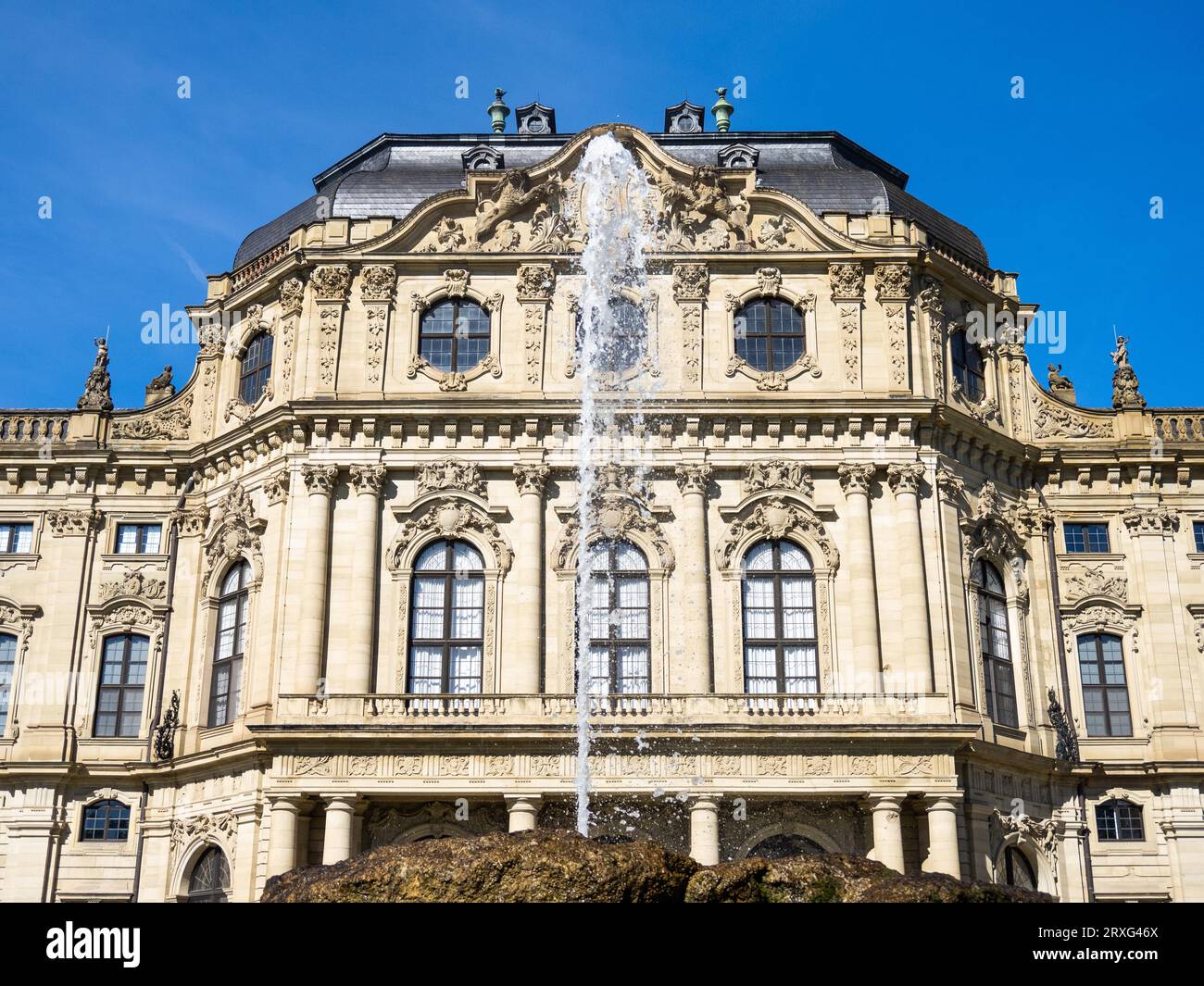Facade of the Residenz, fountain, detail, Wuerzburg, Lower Franconia ...