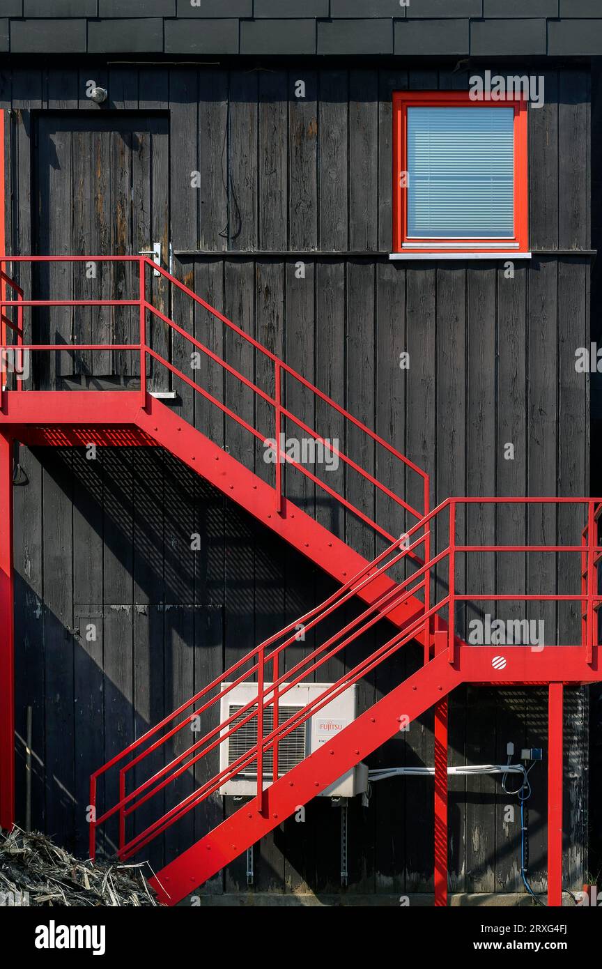 Red iron staircase with wooden facade, Allgaeu, Bavaria, Germany Stock ...