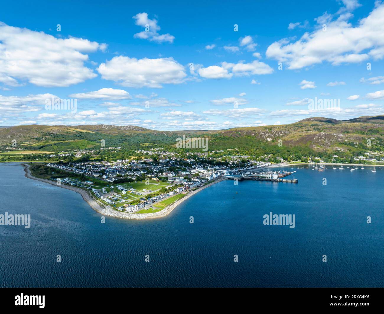 Aerial view of Loch Broom with the harbour town of Ullapool in the ...