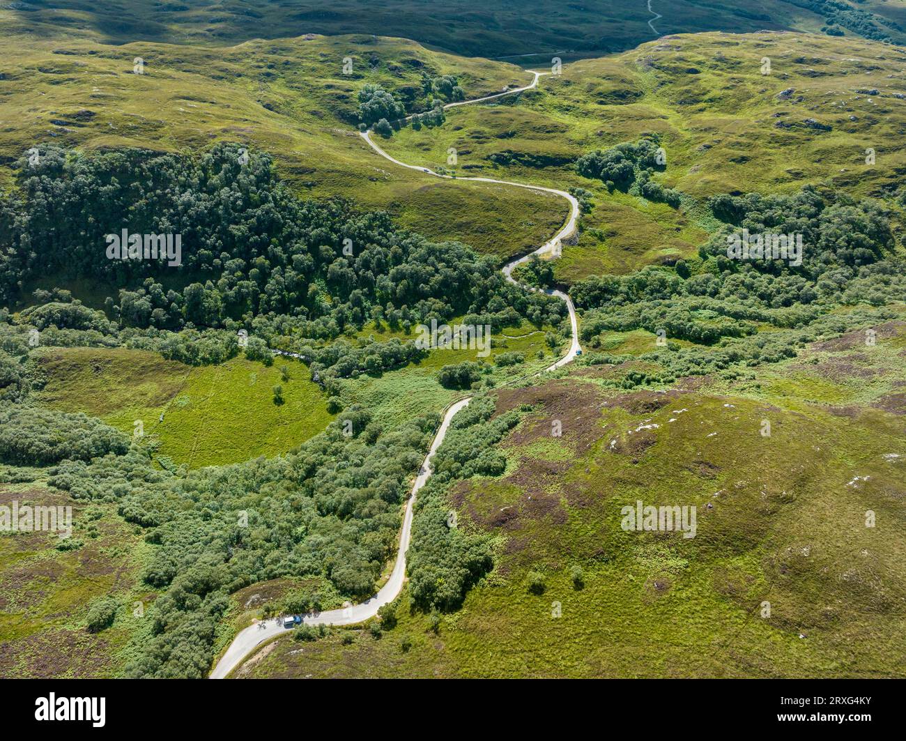 Aerial view of the single track road B869, scenic route of the North ...