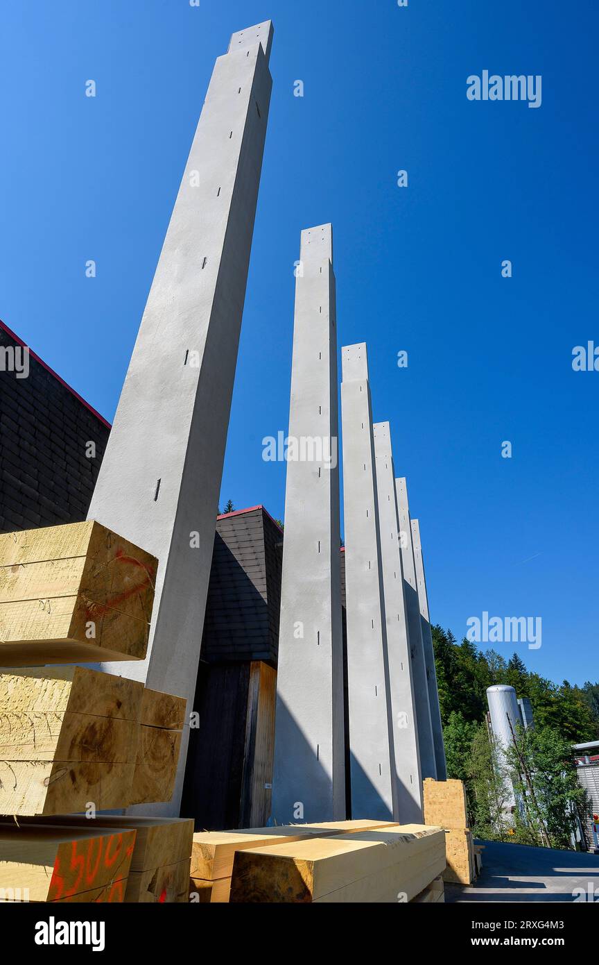 Wooden beams and concrete columns in a sawmill, Allgaeu, Bavaria ...