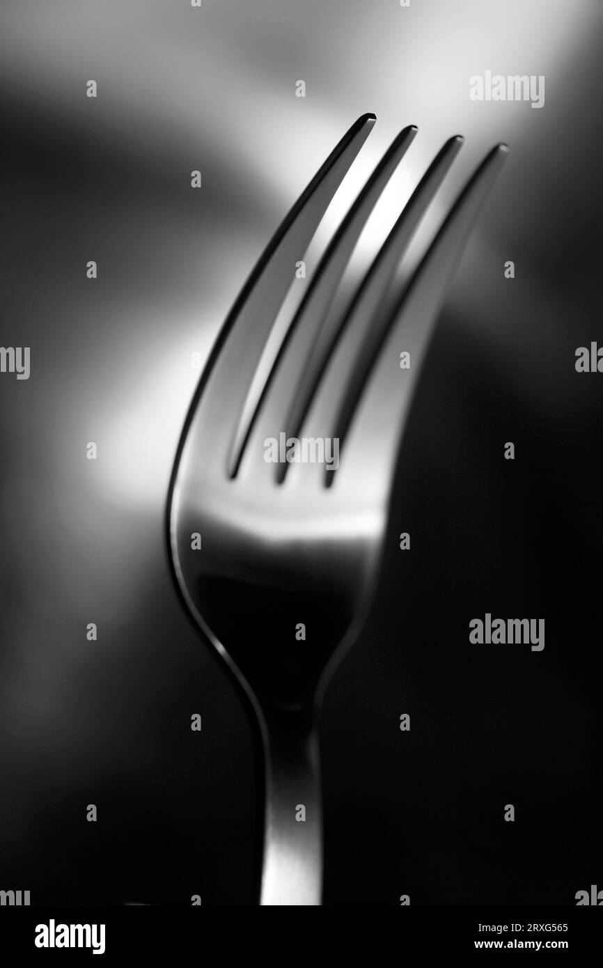 Black and white image of a fork. Very shallow depth-of field, sharpness ...