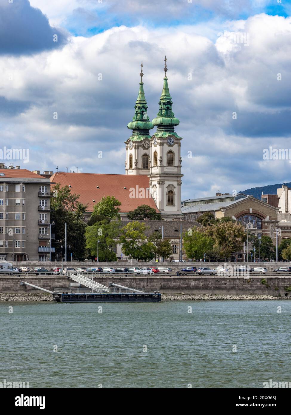 The twin-tower Baroque church - St. Anne's Church behind the Danube ...