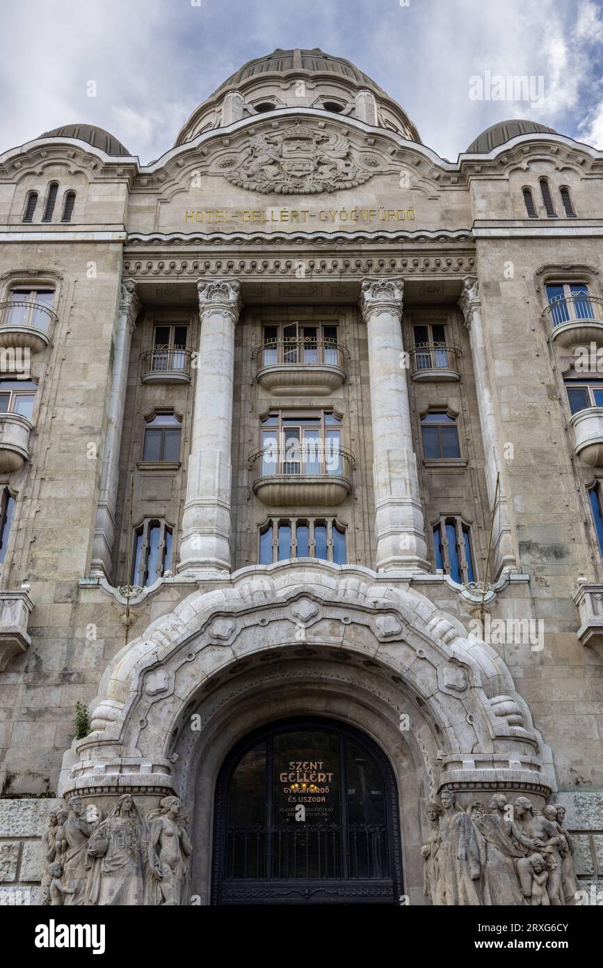 The front facade of the historic Gellert thermal bath; Budapest ...