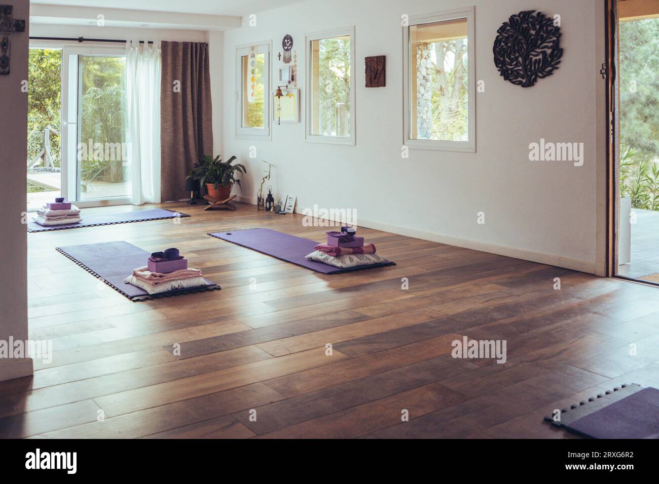 Empty yoga studio interior. Copy space Stock Photo - Alamy