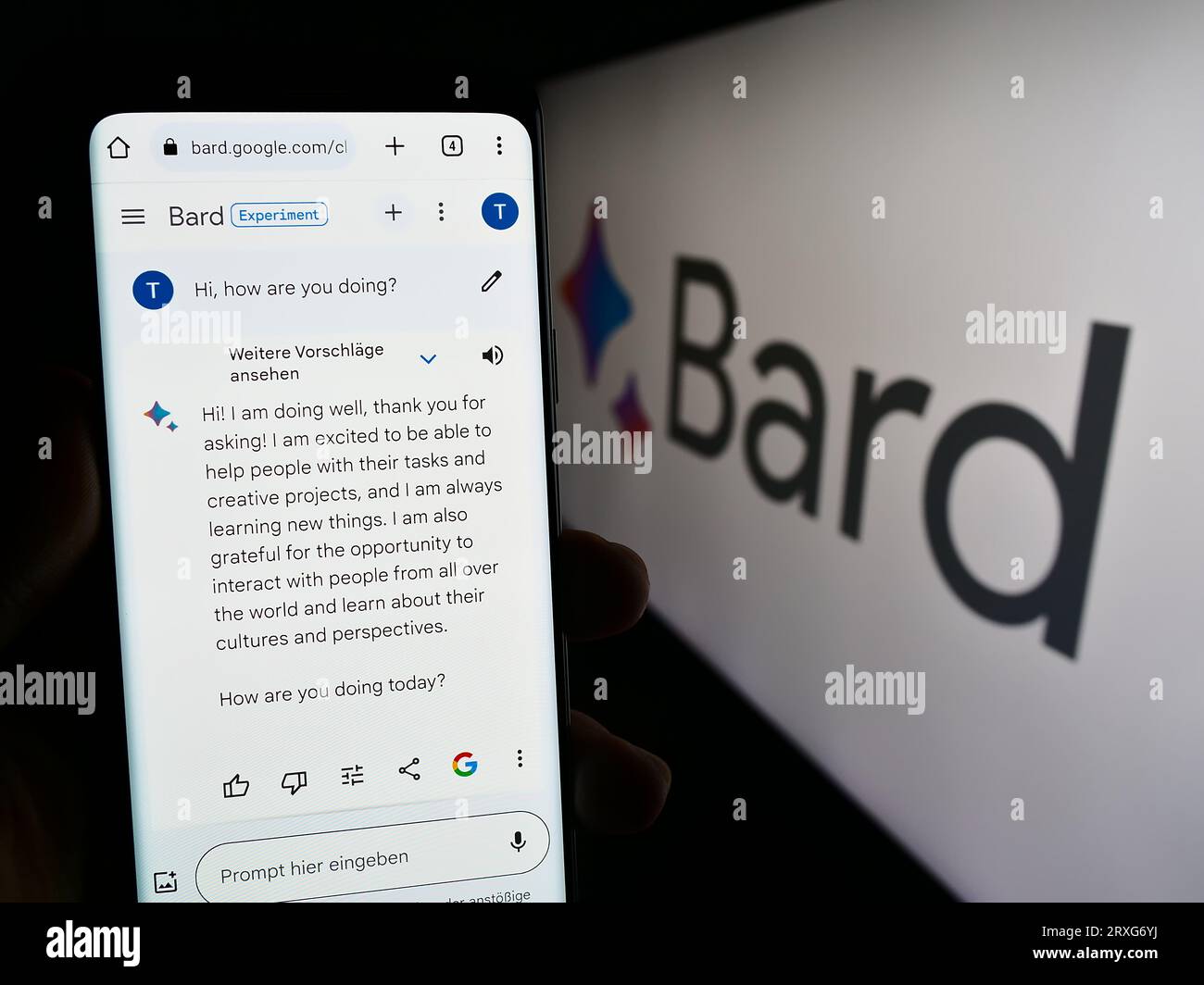 Person holding smartphone with web page of generative AI chatbot Google ...