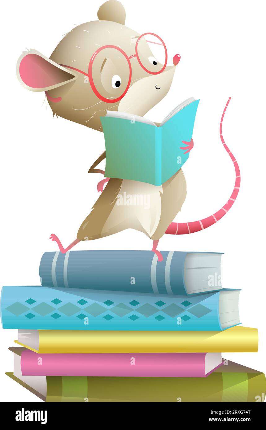 Cute Baby Mouse Reading on Book Stack Kids Cartoon Stock Vector Image ...