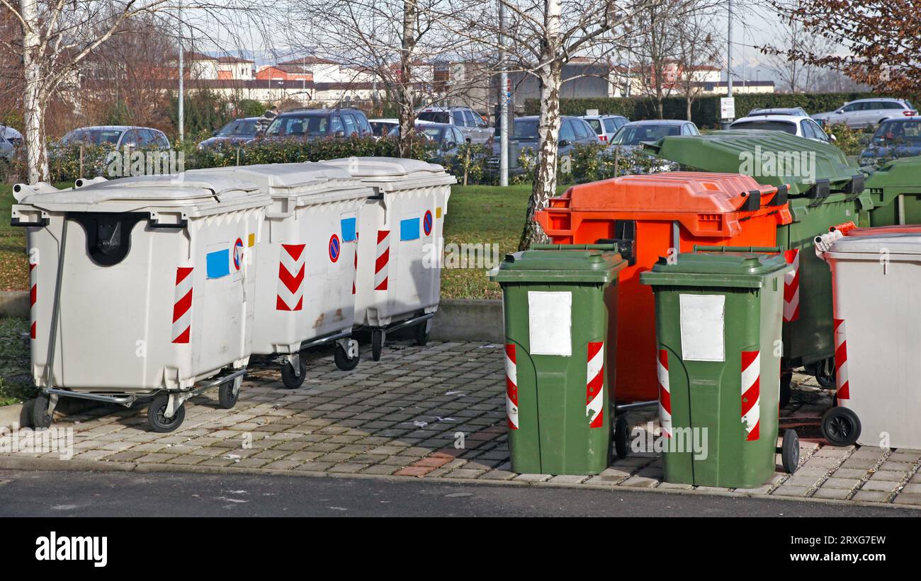 Sorting and Recycling Trash Bins and Dumpster Containes in Italy Stock ...