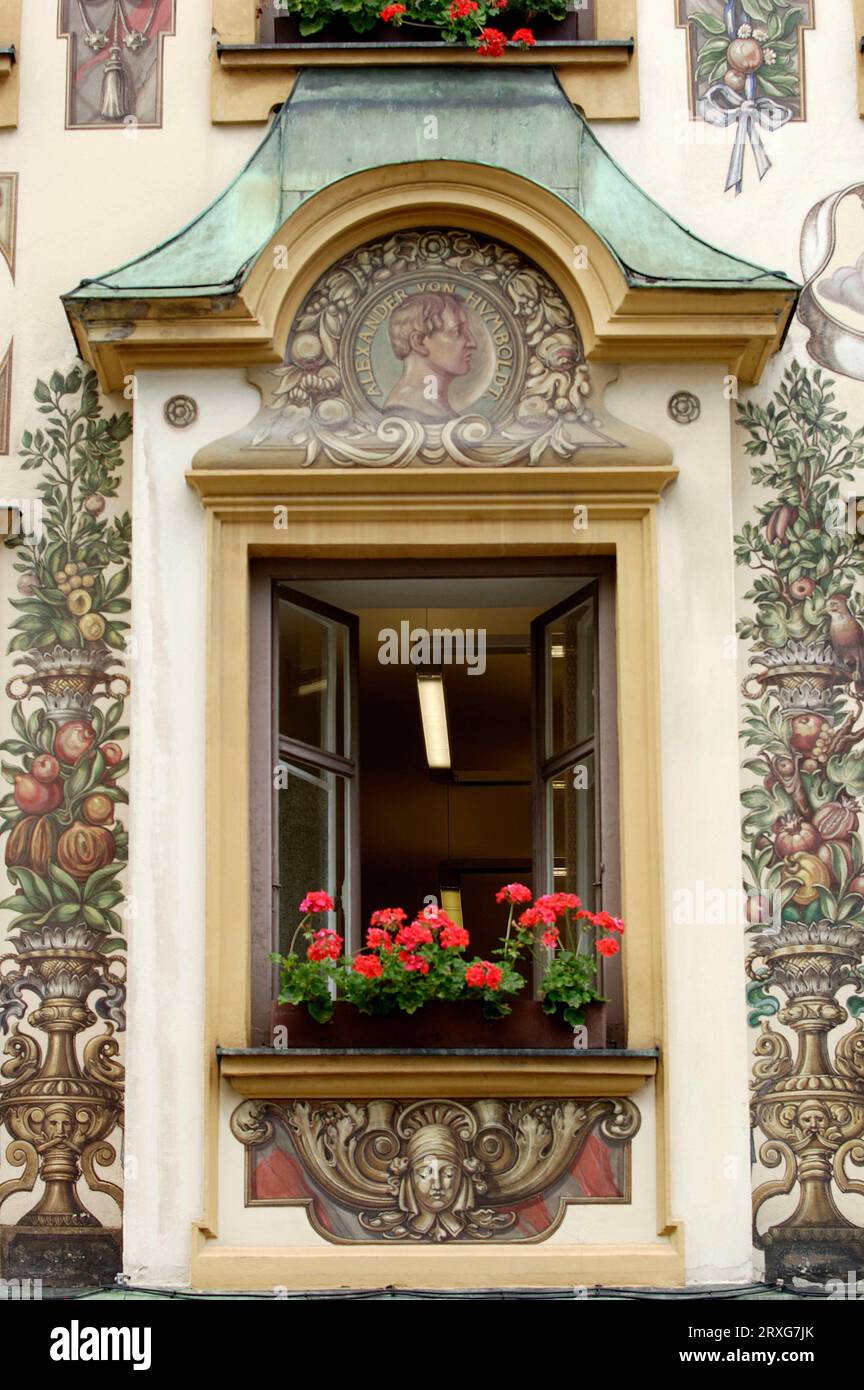 Window and facade with paintings, Traunstein, Bavaria, Germany Stock ...