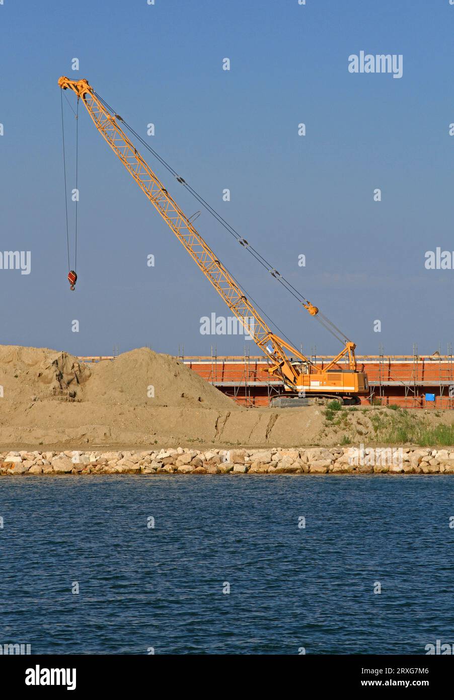 Yellow Crawler Boom Crane at Sea Wall Construction Site in Venice Italy ...