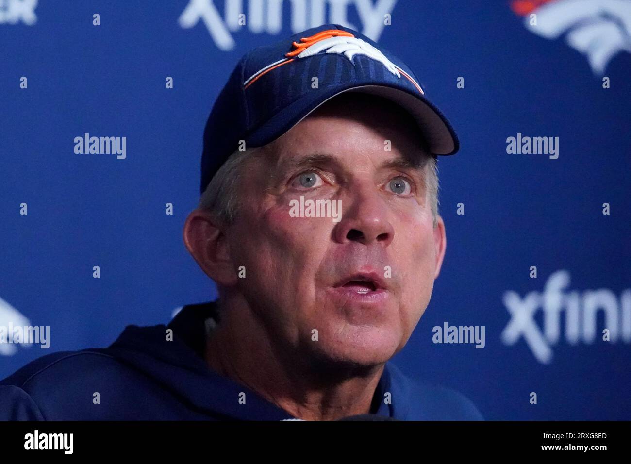 Denver Broncos head coach Sean Payton answers a question after an NFL ...
