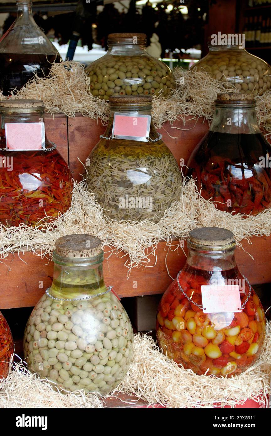 Jars of pickles at a market stall, Viktualienmarkt, Munich, Bavaria ...