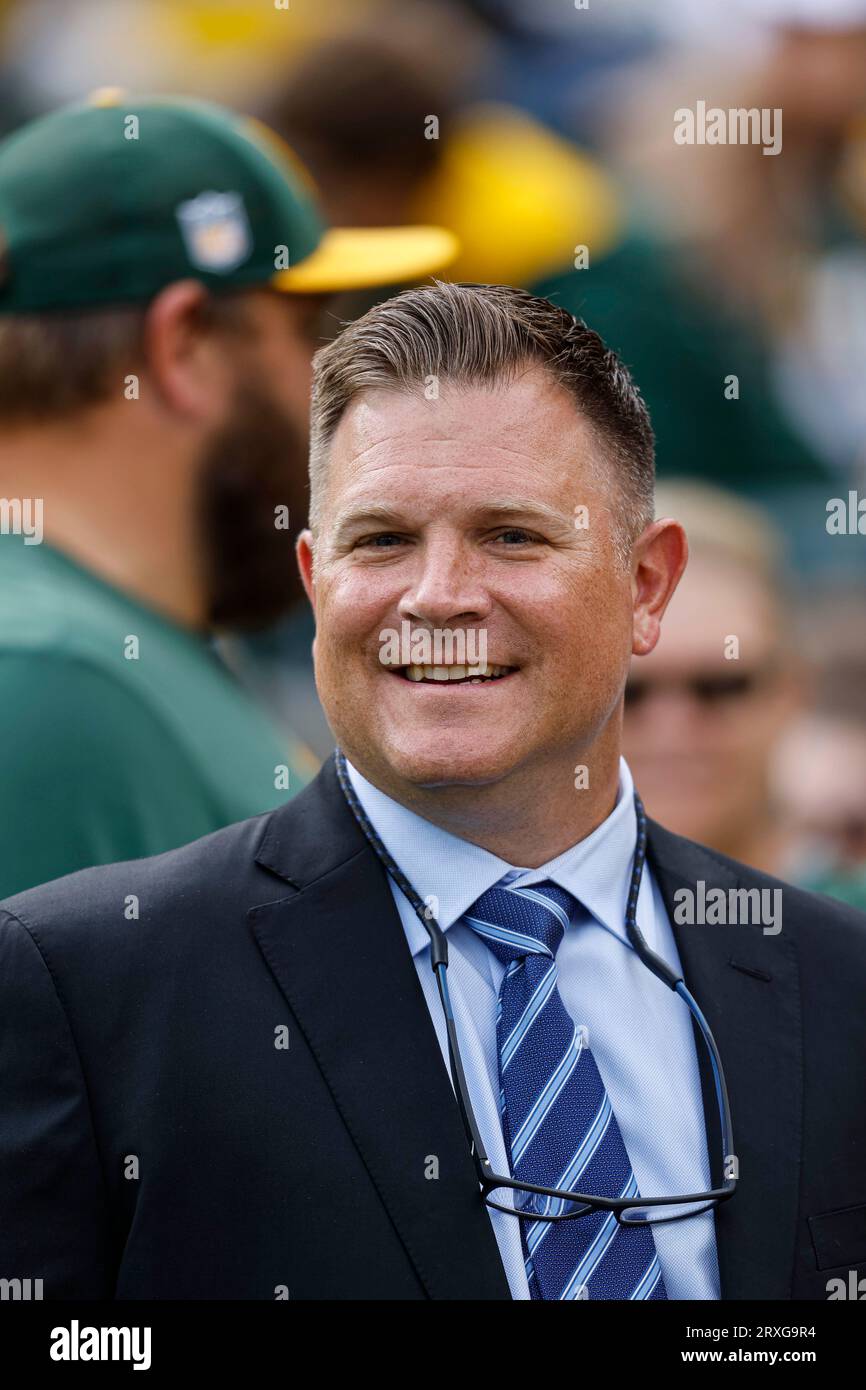 Green Bay Packers General manager Brian Gutekunst on Lambeau Field before a game against the New ...