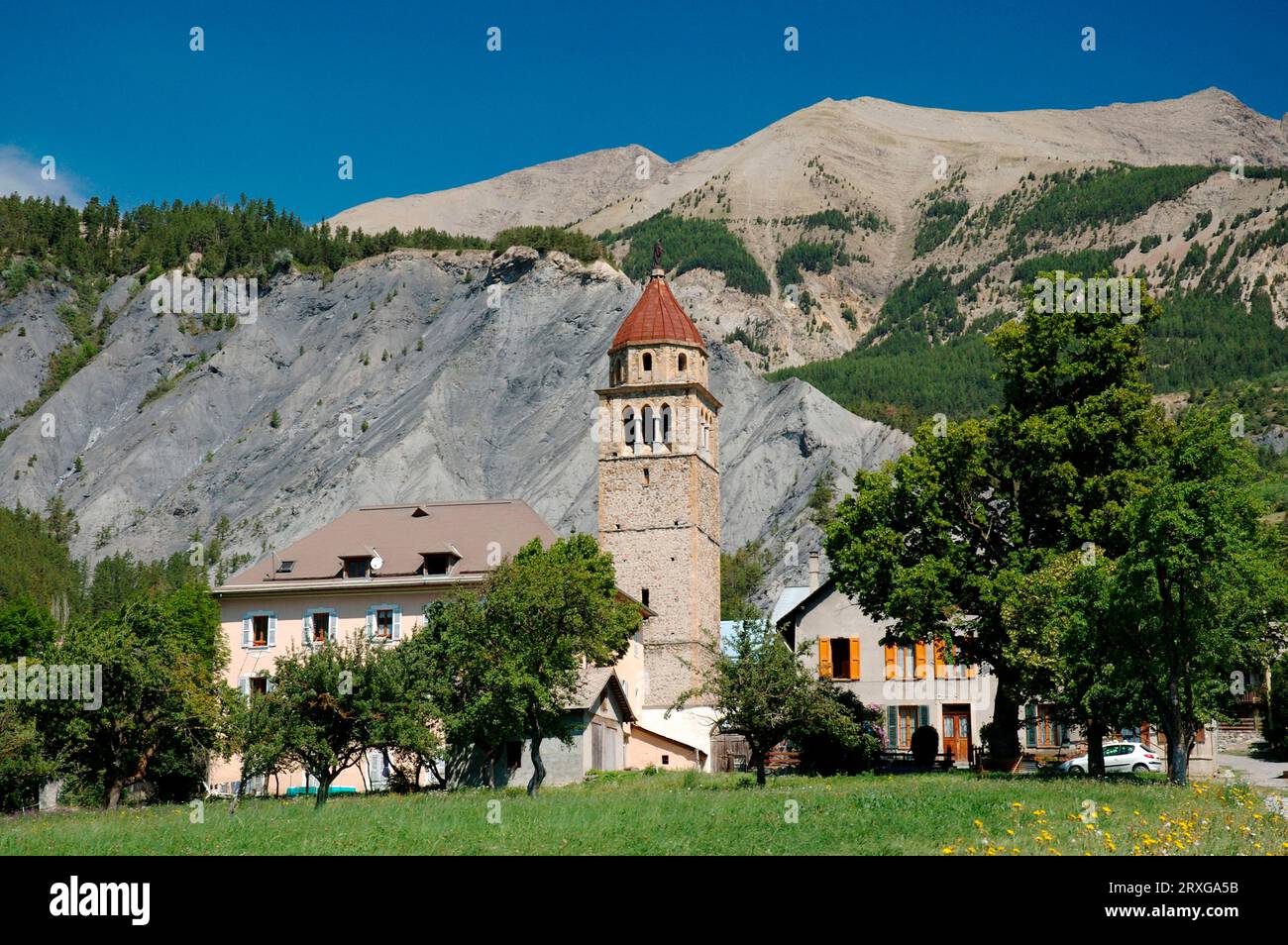 Church tower and houses, Faucon, Vaucluse, France, Church tower and ...