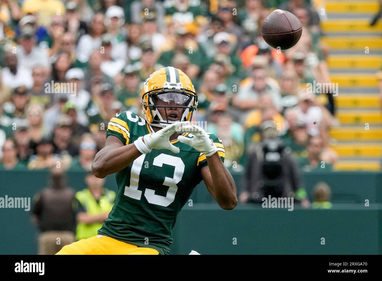 Green Bay Packers' Dontayvion Wicks catches a pass during the first ...