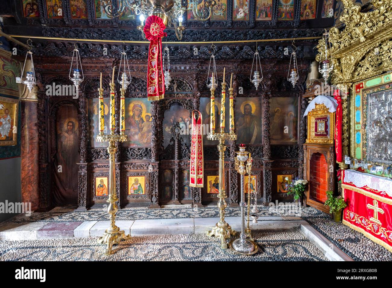 Interior, altar, icons, Tsambika Monastery, Rhodes, Dodecanese, Greece ...