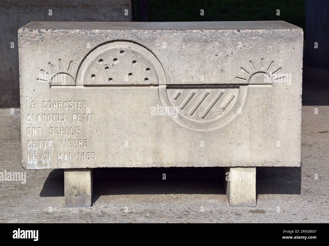 The foundation stone, of cast concrete, of the church St Pierre, at ...