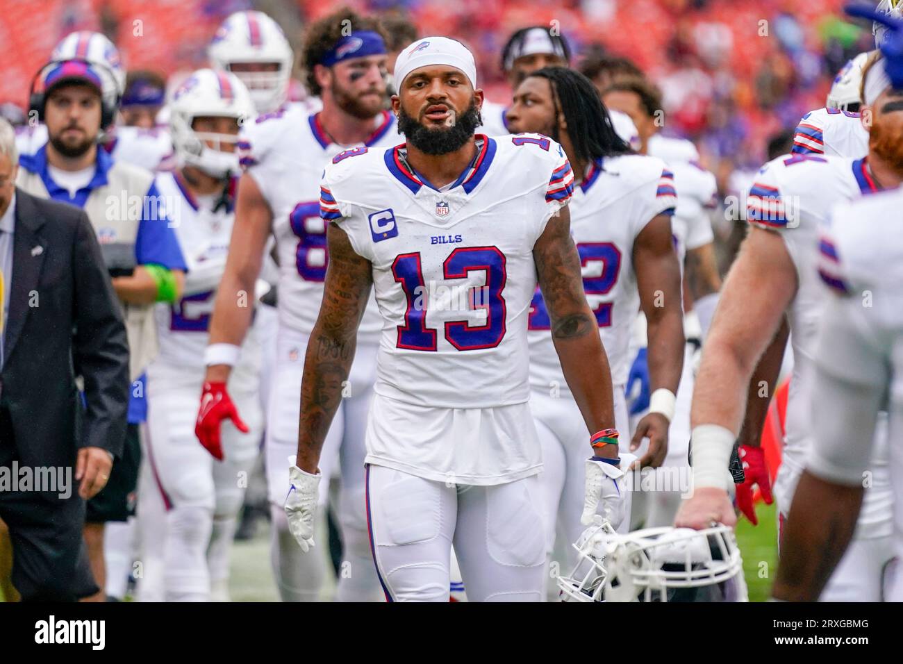 Buffalo Bills wide receiver Gabe Davis (13) leaves the field following ...