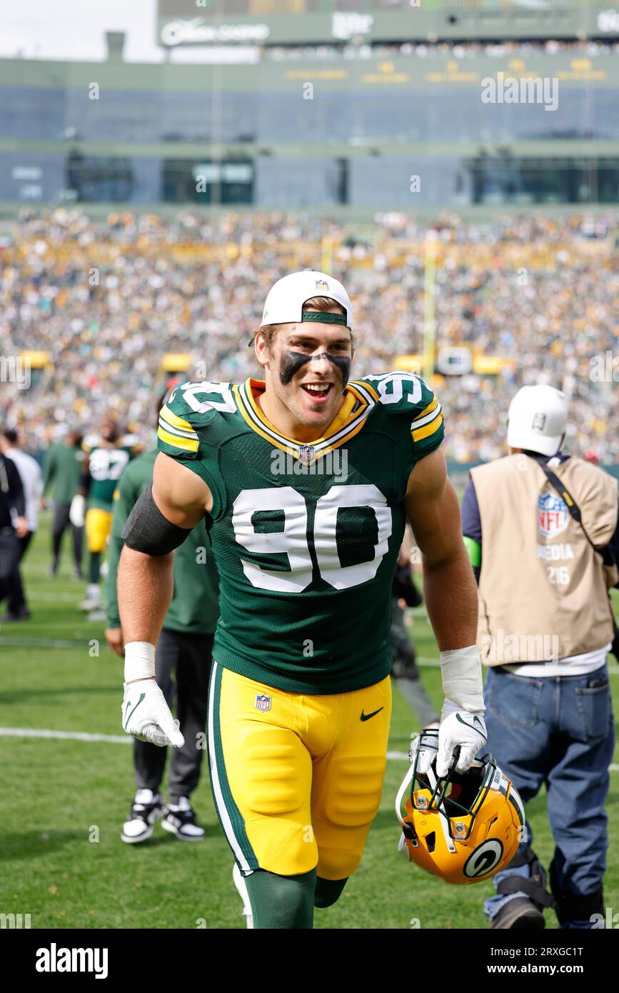 Green Bay Packers linebacker Lukas Van Ness (90) reacts after a NFL ...