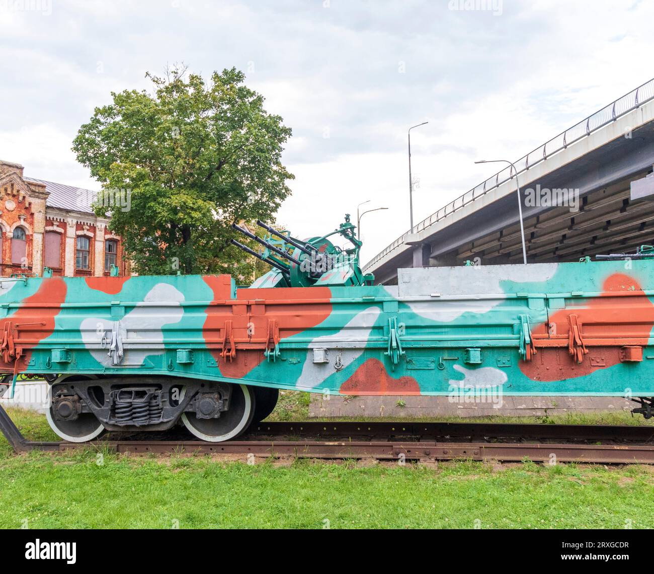 Shot of the vintage old military train with machine gun installed on it ...