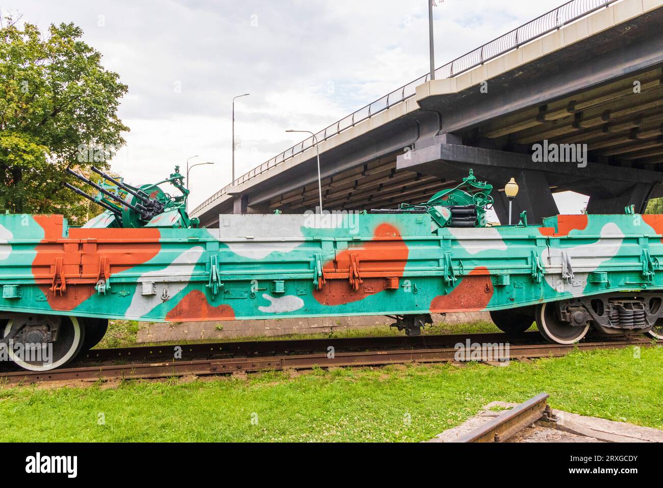 Shot of the vintage old military train with machine gun installed on it ...