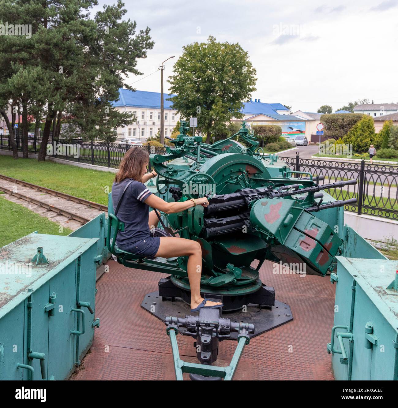 Shot of the vintage old military train with machine gun installed on it ...