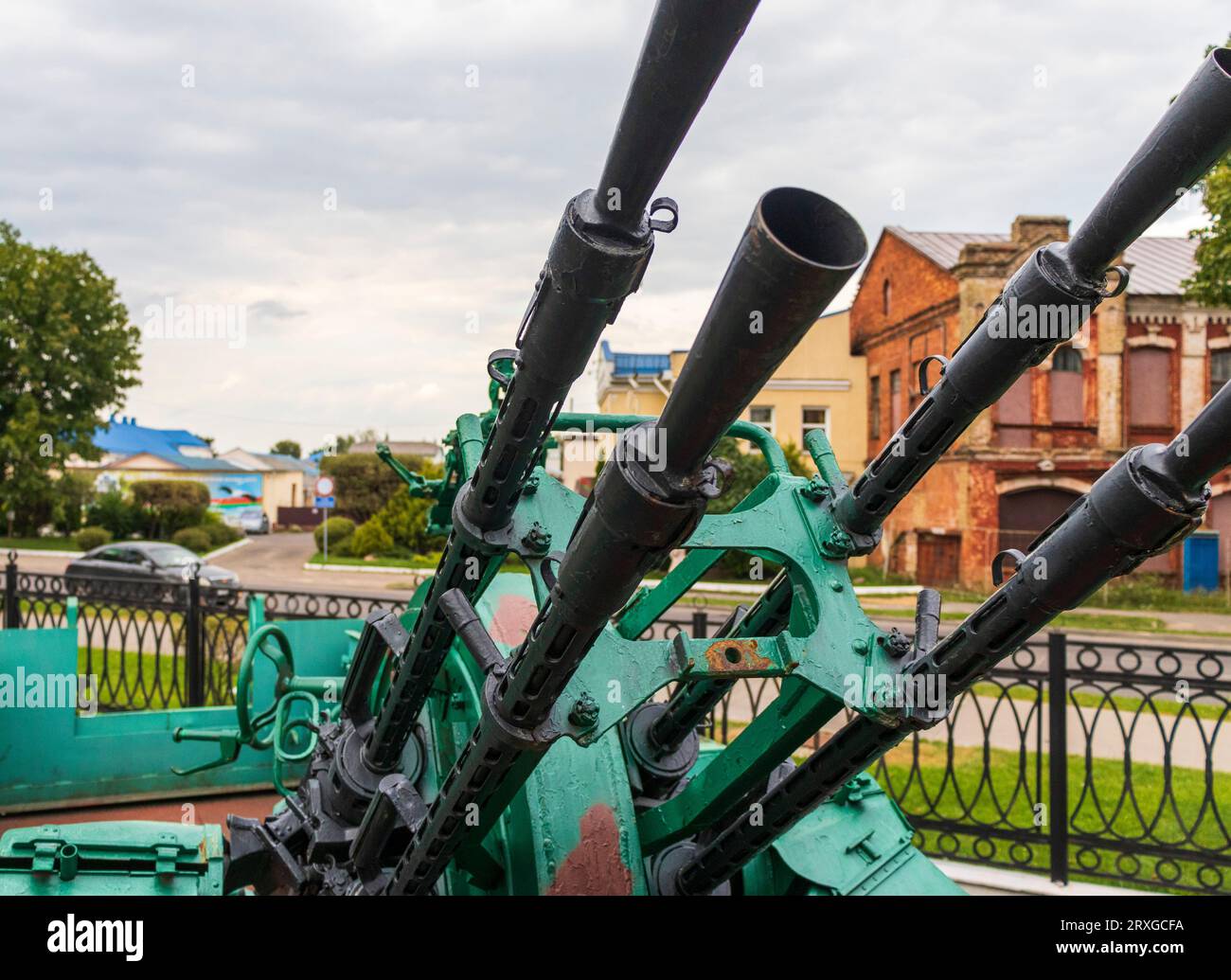 Shot of the vintage old military train with machine gun installed on it ...