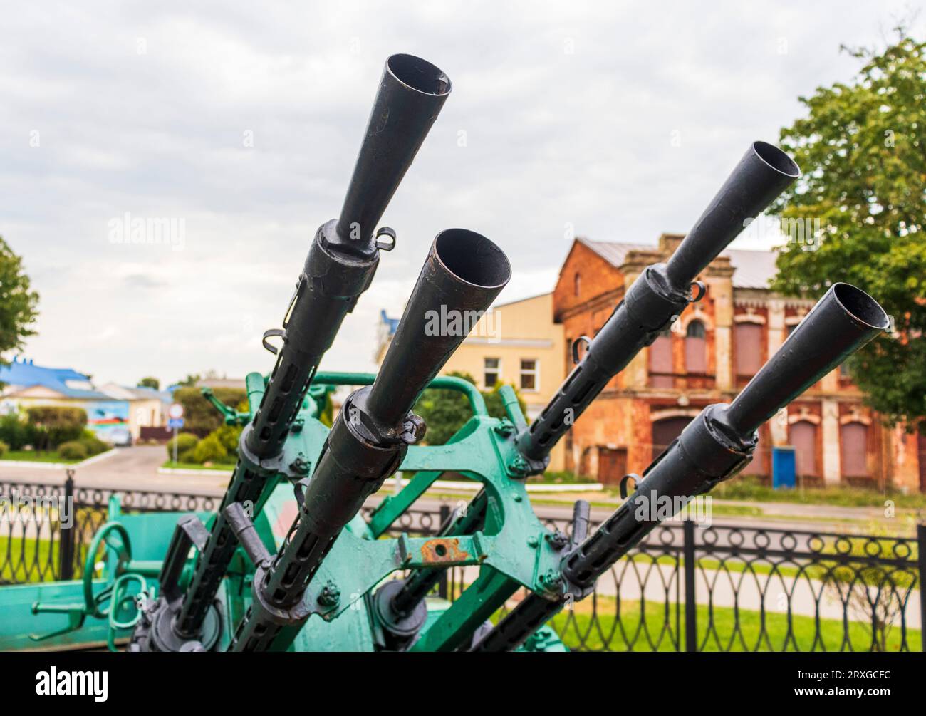 Shot of the vintage old military train with machine gun installed on it ...