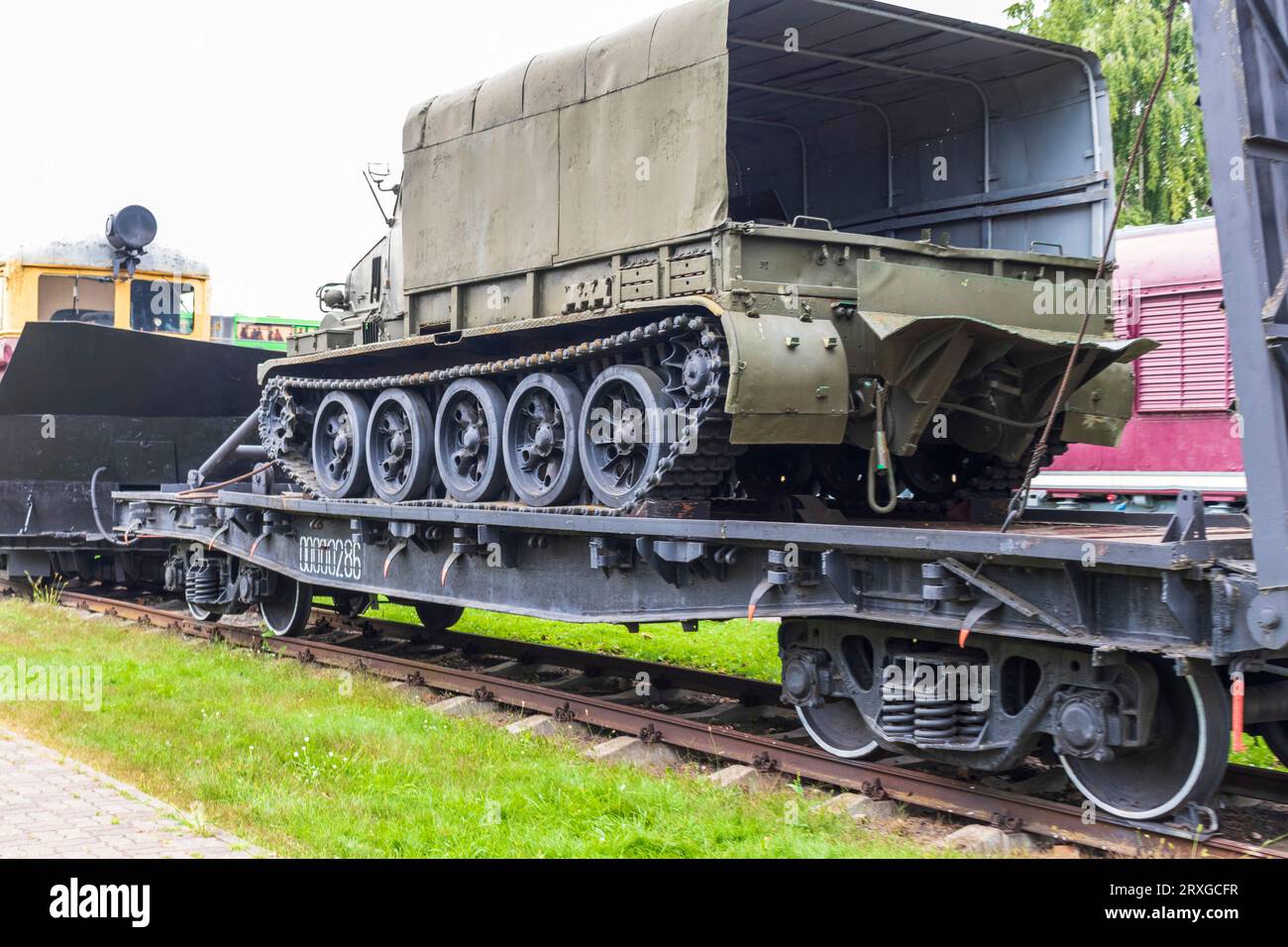 Shot of the vintage old construction train transporting military ...