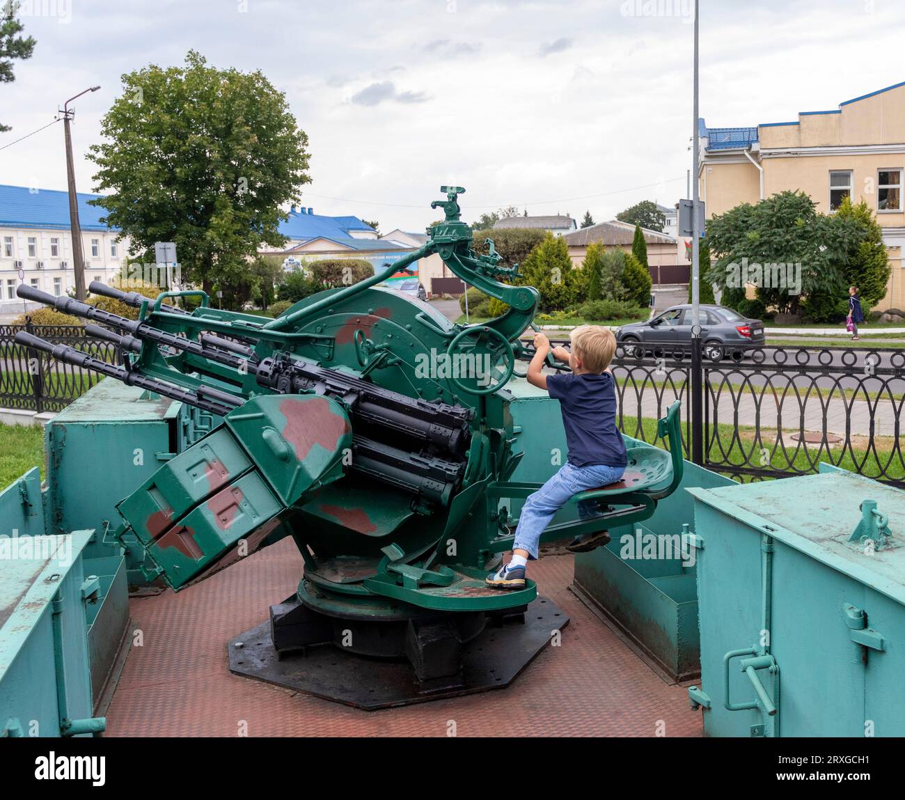 Shot of the vintage old military train with machine gun installed on it ...