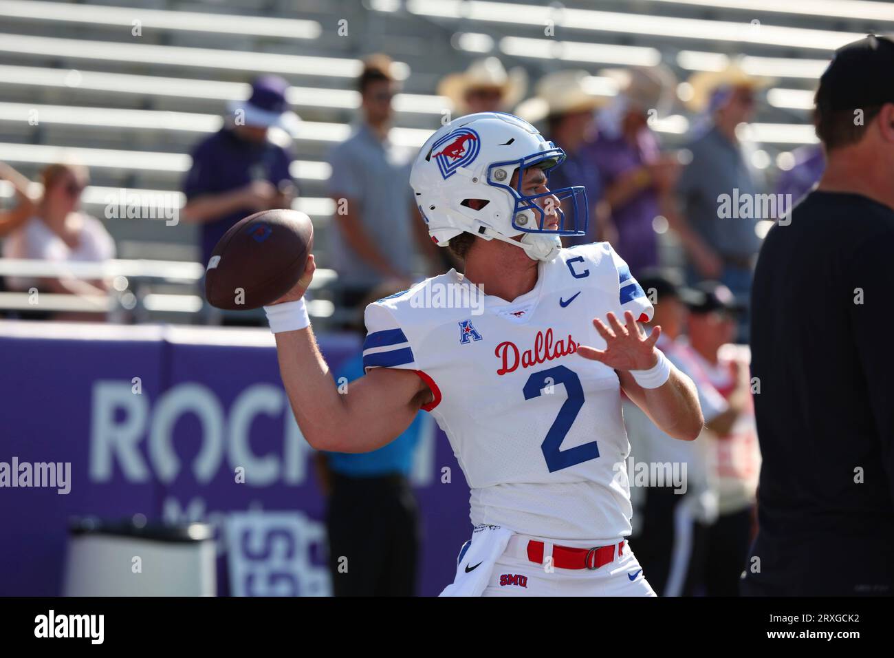 SMU quarterback Preston Stone (2) warms up before an NCAA football game ...